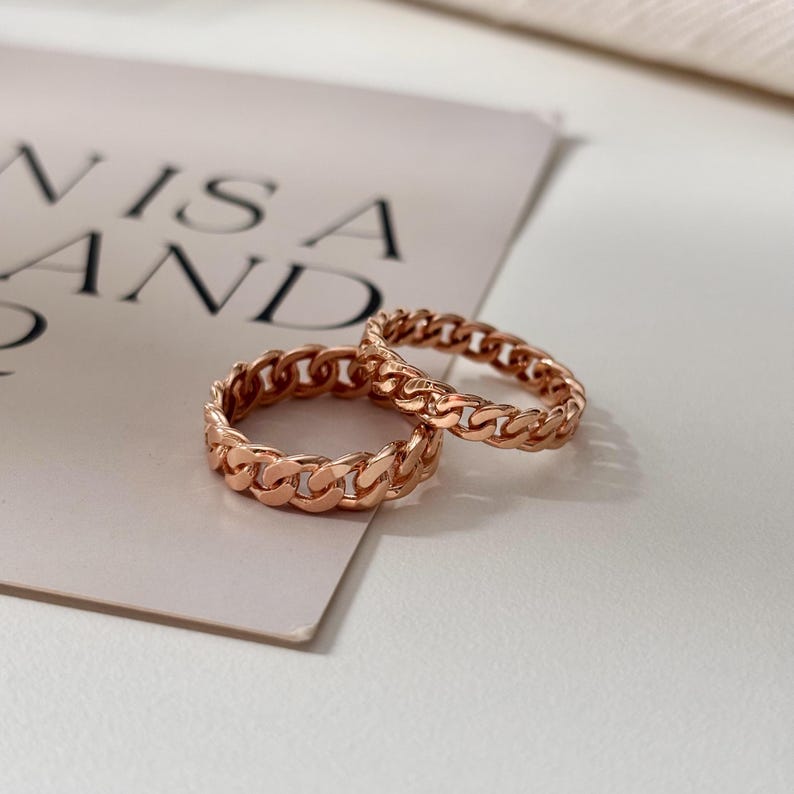 14K Solid Gold Chain Link Ring Stacking Ring Minimalist Dainty Ring ...