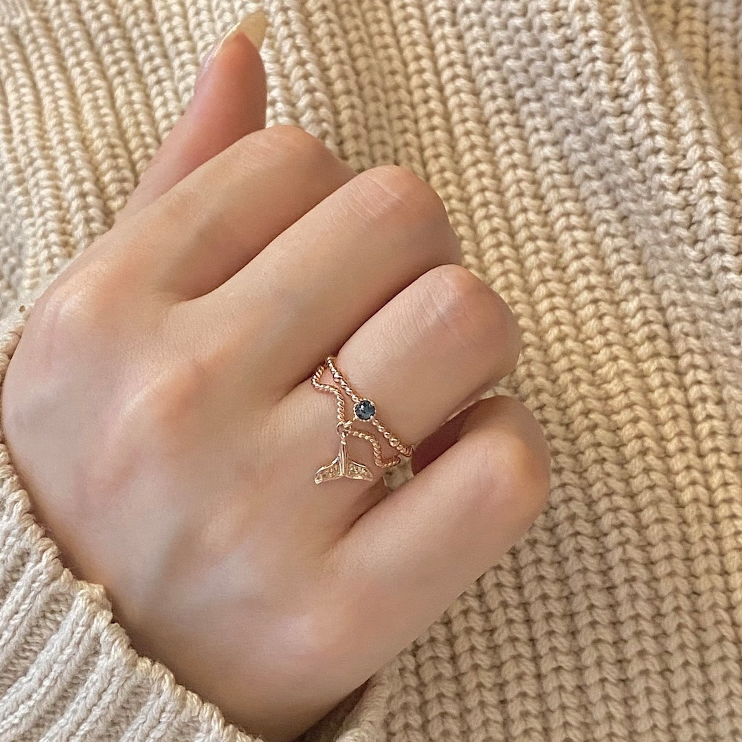 14K Solid Gold Whale Tail Ring Dolphin Tail Ring Marine Life Ring Lucky ...