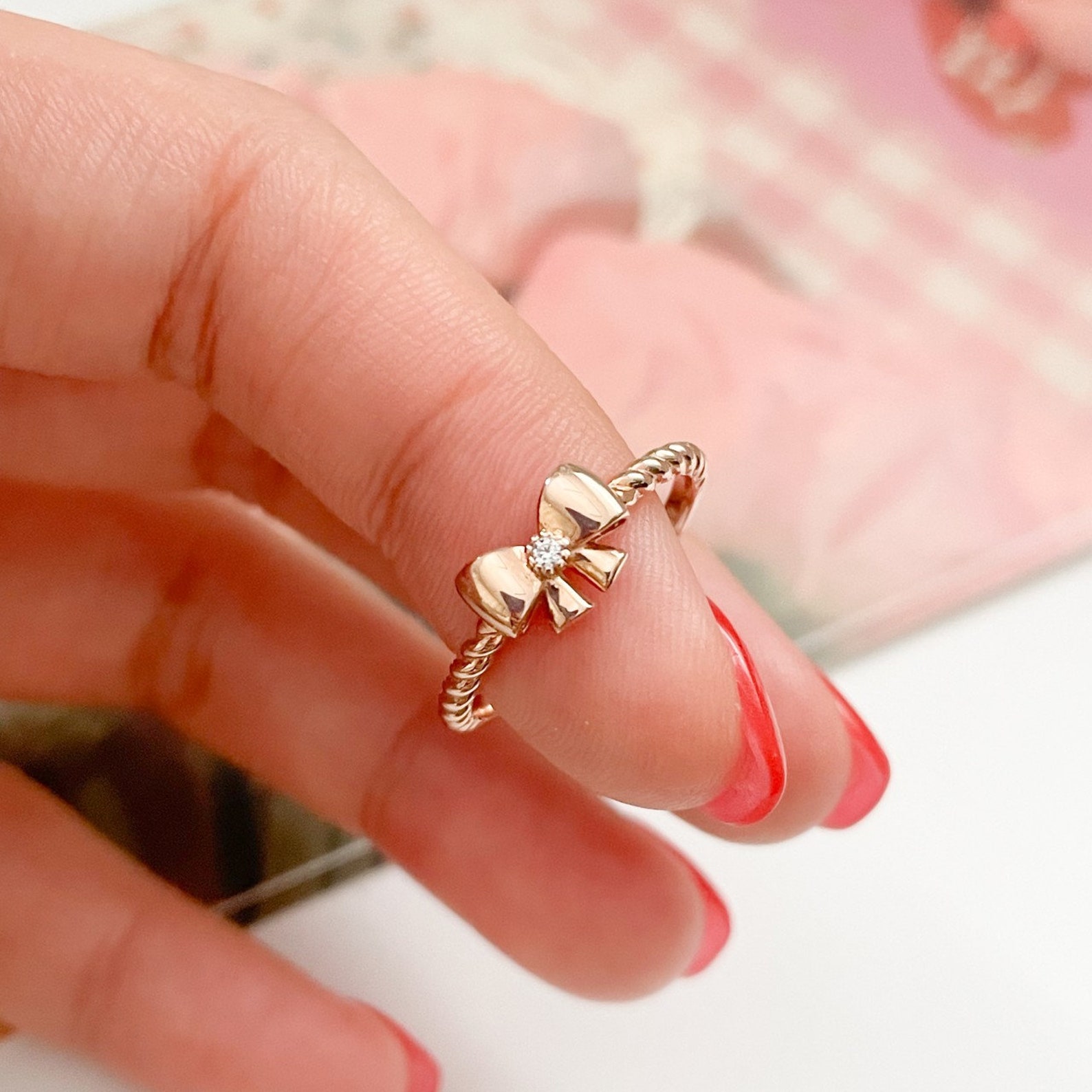 14K Solid Gold Bow Ring Minimalist Rings Classic Little Bow Ring Work Simple Ribbon Ring Daily ...