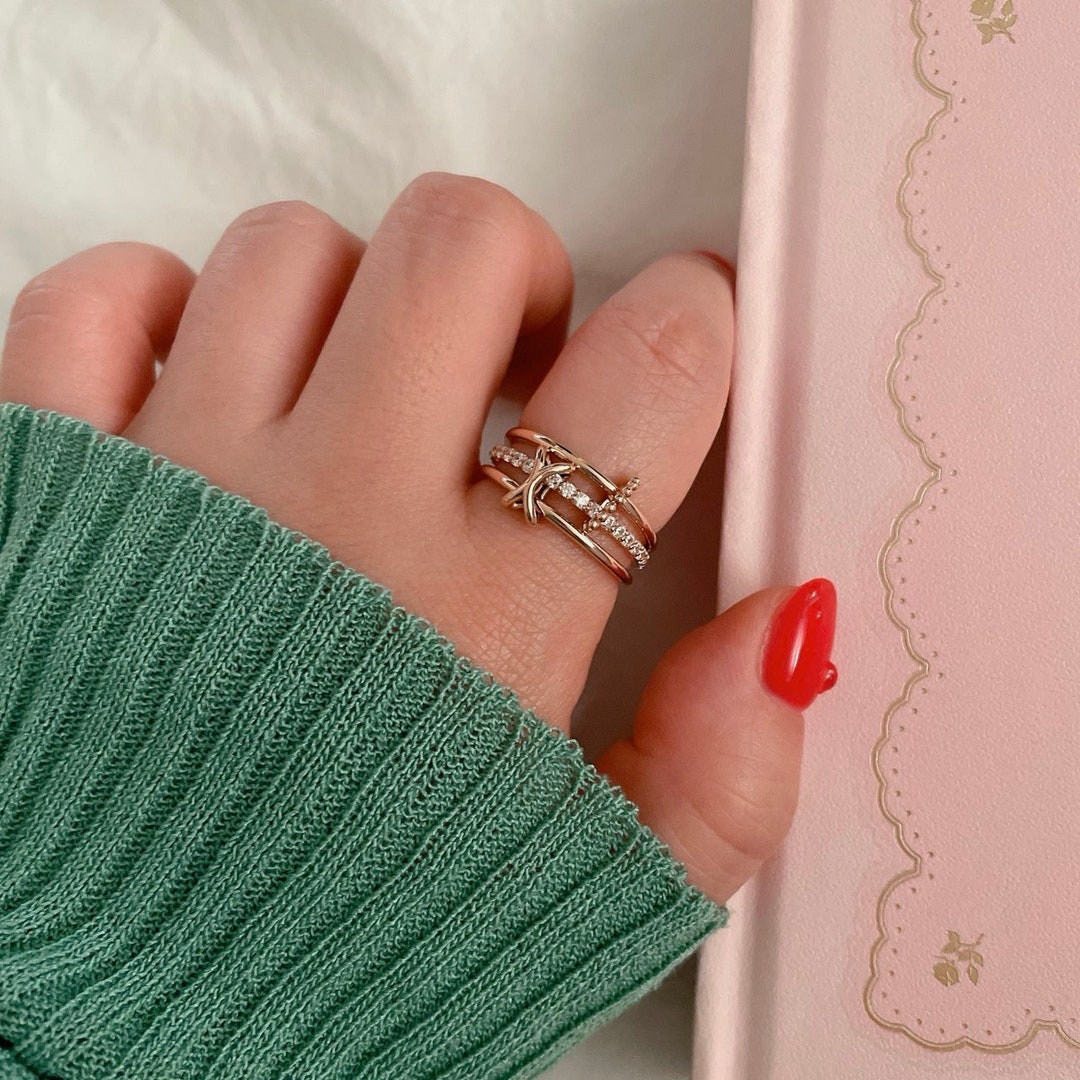 14K Solid Gold Three Connector Band Ring Multi Connector Link Band Ring ...