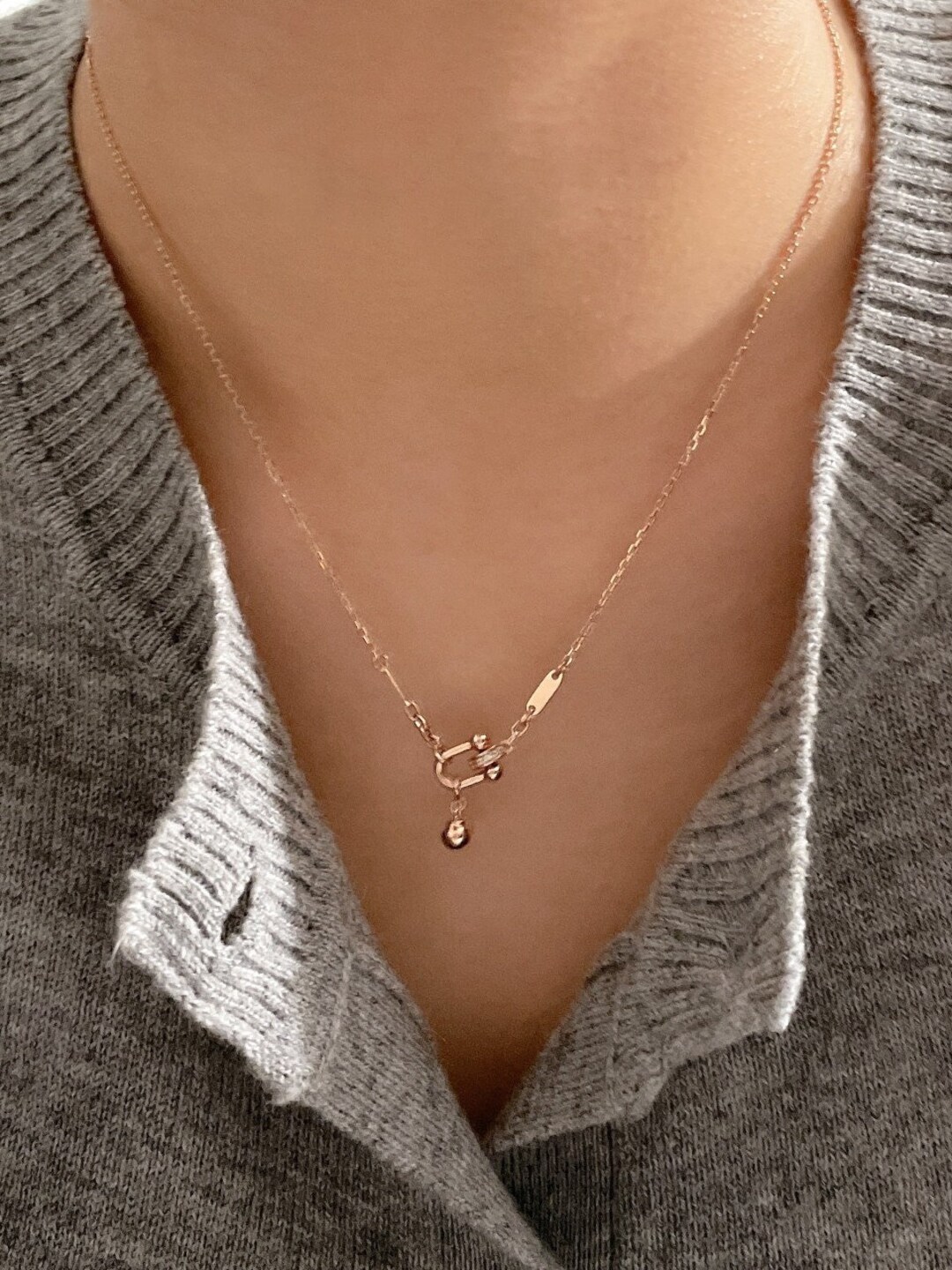 14K Solid Gold Shackle Chain Necklace Ball Dangle Charm Necklace Choker ...