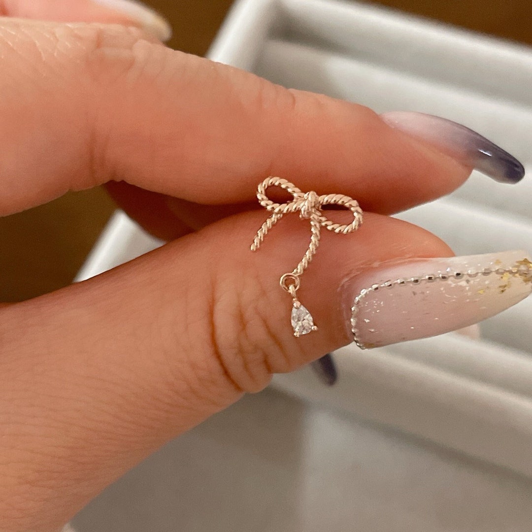 14k Solid Gold Ribbon Drop Dangle Piercing Dainty Bow Earrings ...