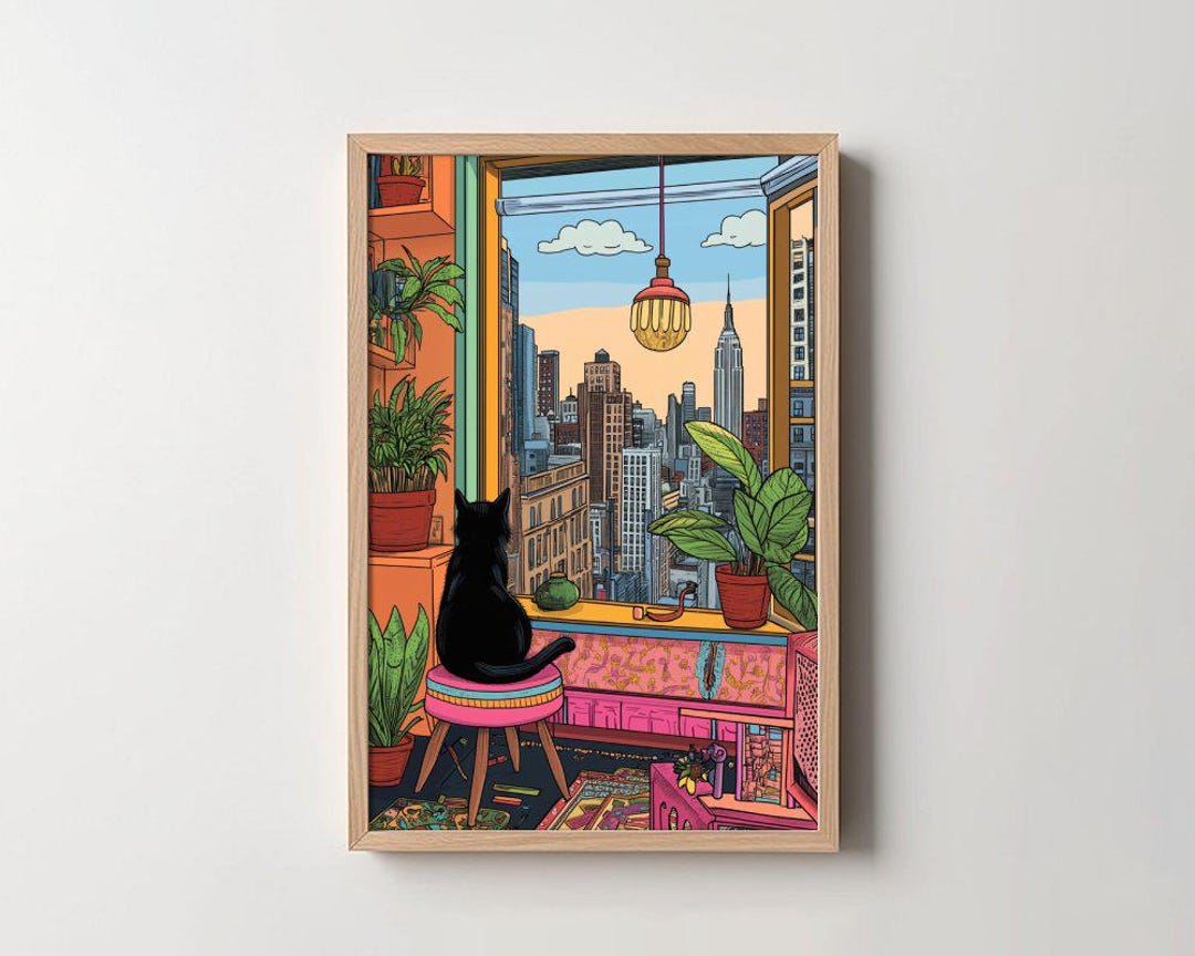 Colorful Cat Window View New York City Digital Art Print, Urban Jungle ...