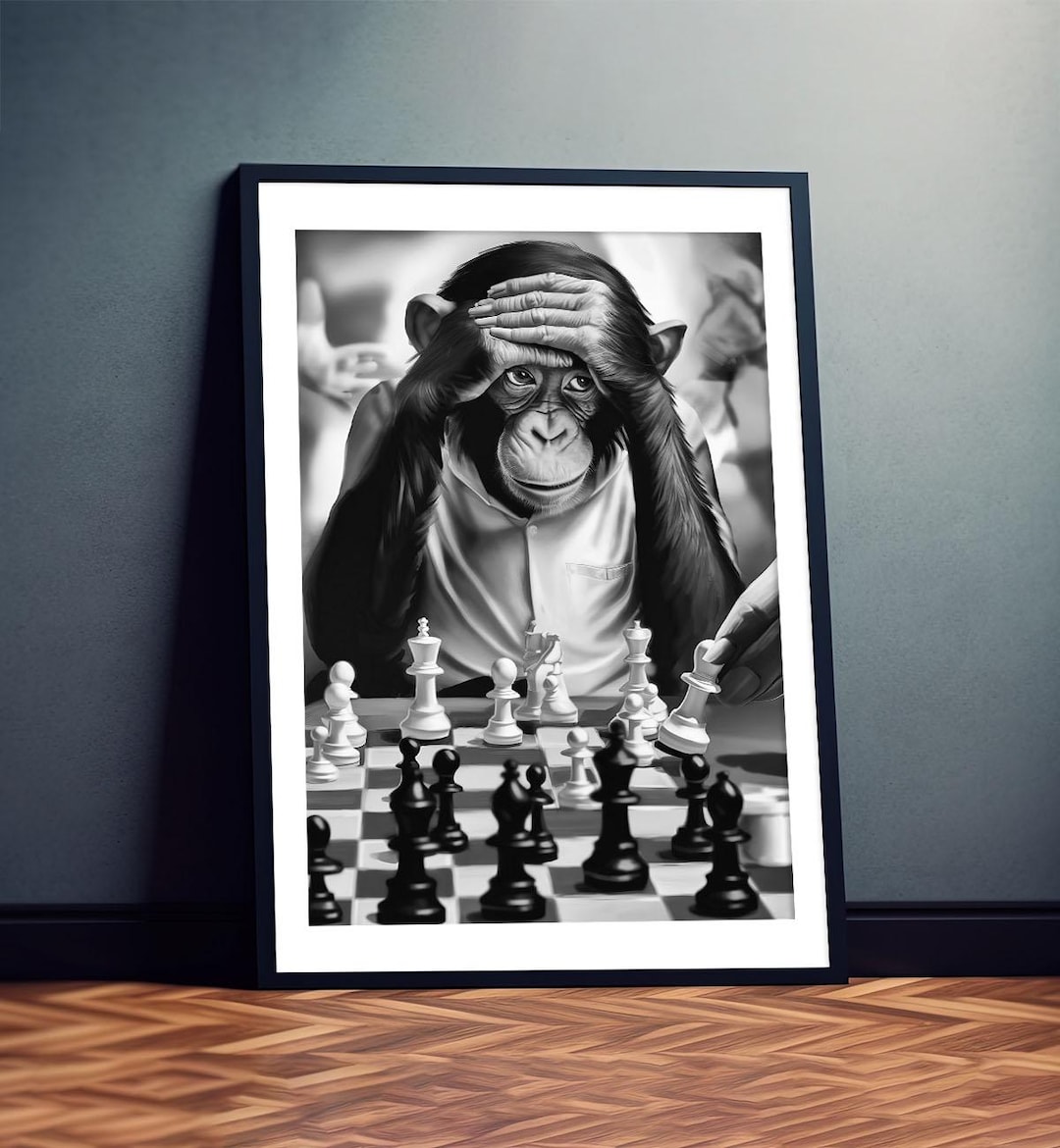 Strategic Chimp - Chimpanzee Playing Chess (black and White) Art Poster ...