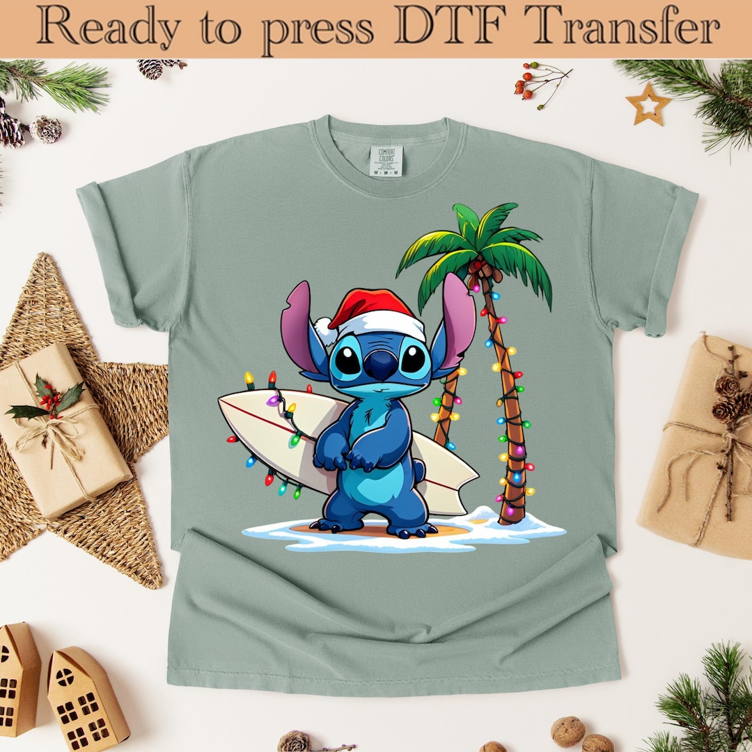 Stitch Surf Christmas DTF, Holiday Beach Lights Transfer, Tropical ...