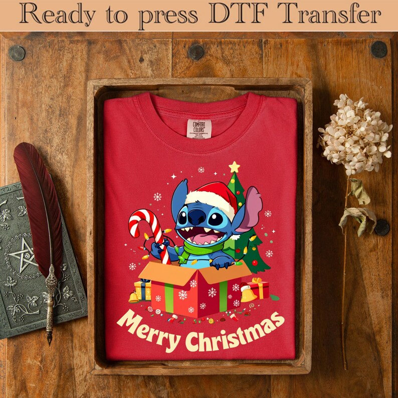Stitch Christmas DTF Transfer, Cute Blue Alien in Santa Hat With Candy ...