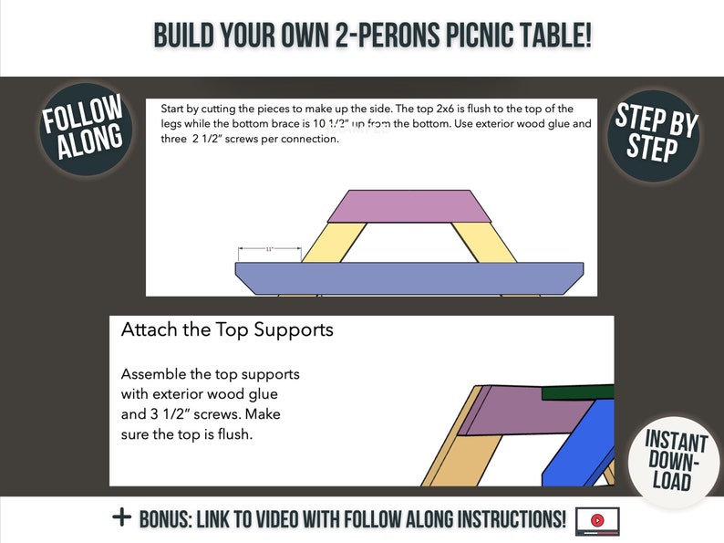 DIY Two Person Picnic Table Plans / Digitial DIY Woodworking Furniture ...