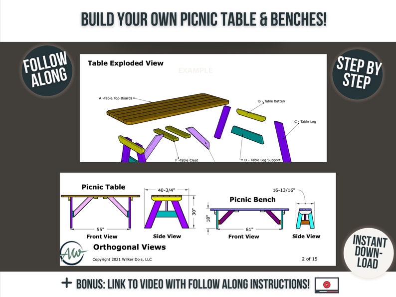 Picnic Table and Detached Benches Plans / PDF Digital DIY Woodworking ...