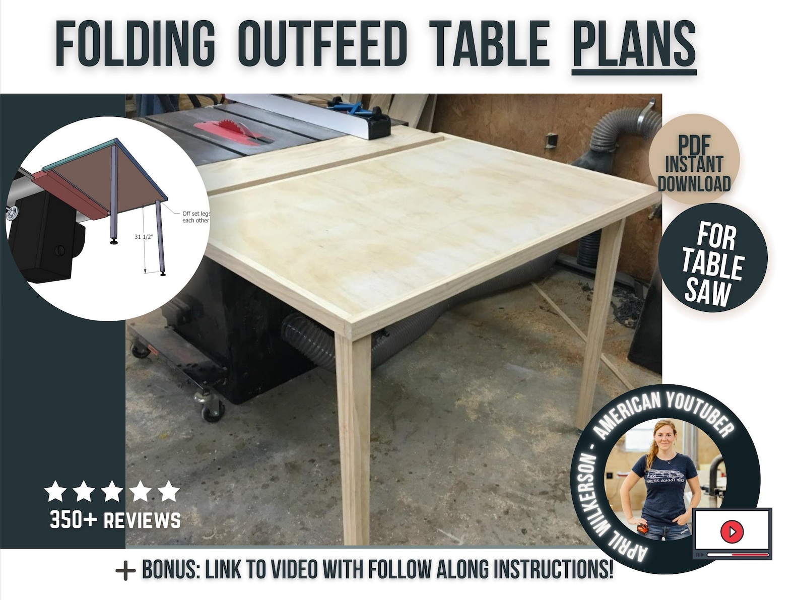 Folding Outfeed Table Plans for Table Saw / Printable Digital ...