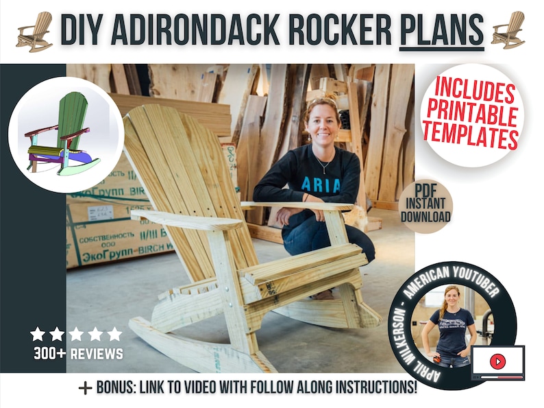 Adirondack Chair Rocker Plans / Digital DIY Woodworking Furniture Plans ...