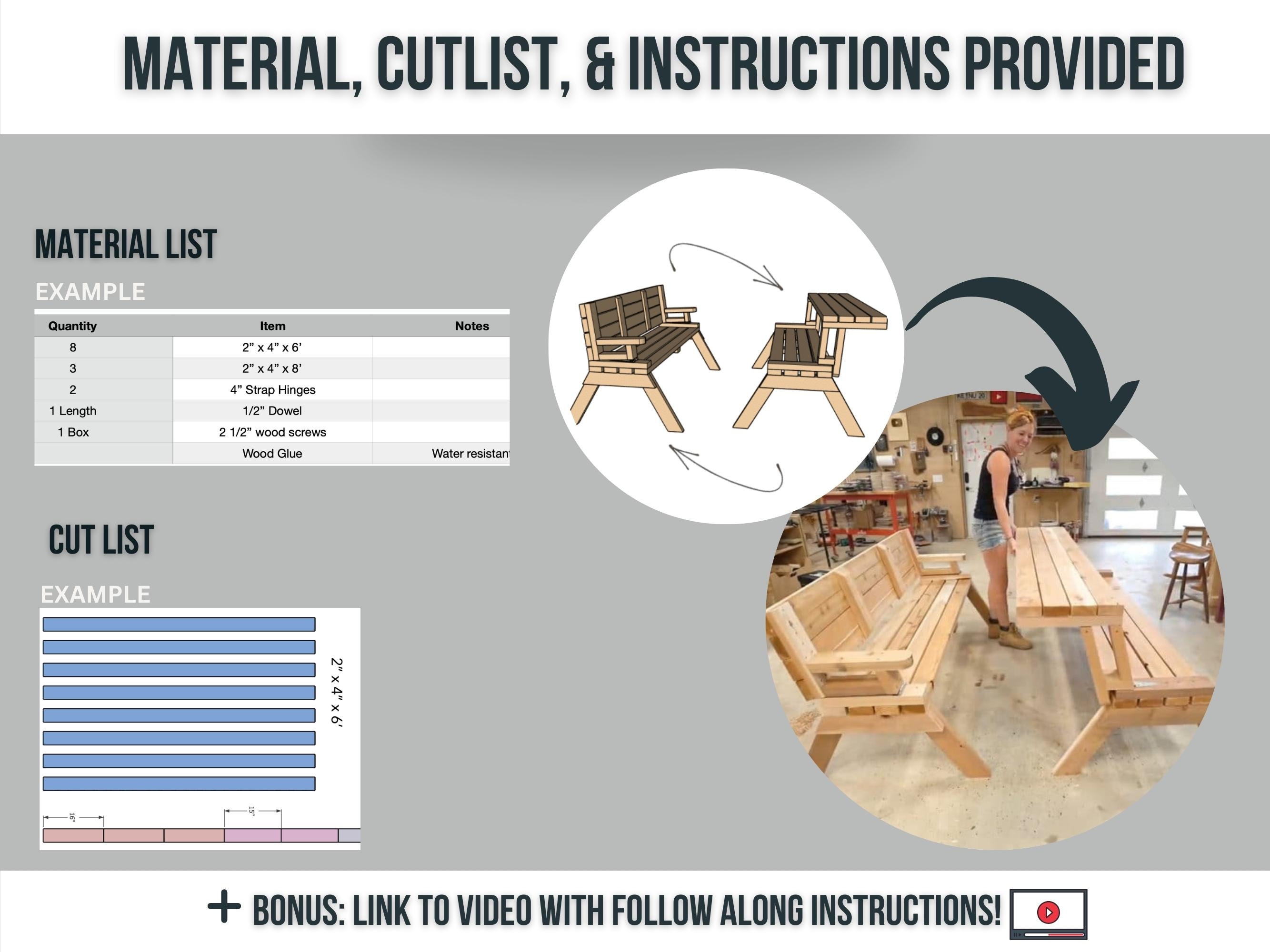 Converting Bench to Table Plans / Folding Picnic Table Plans / Digital ...