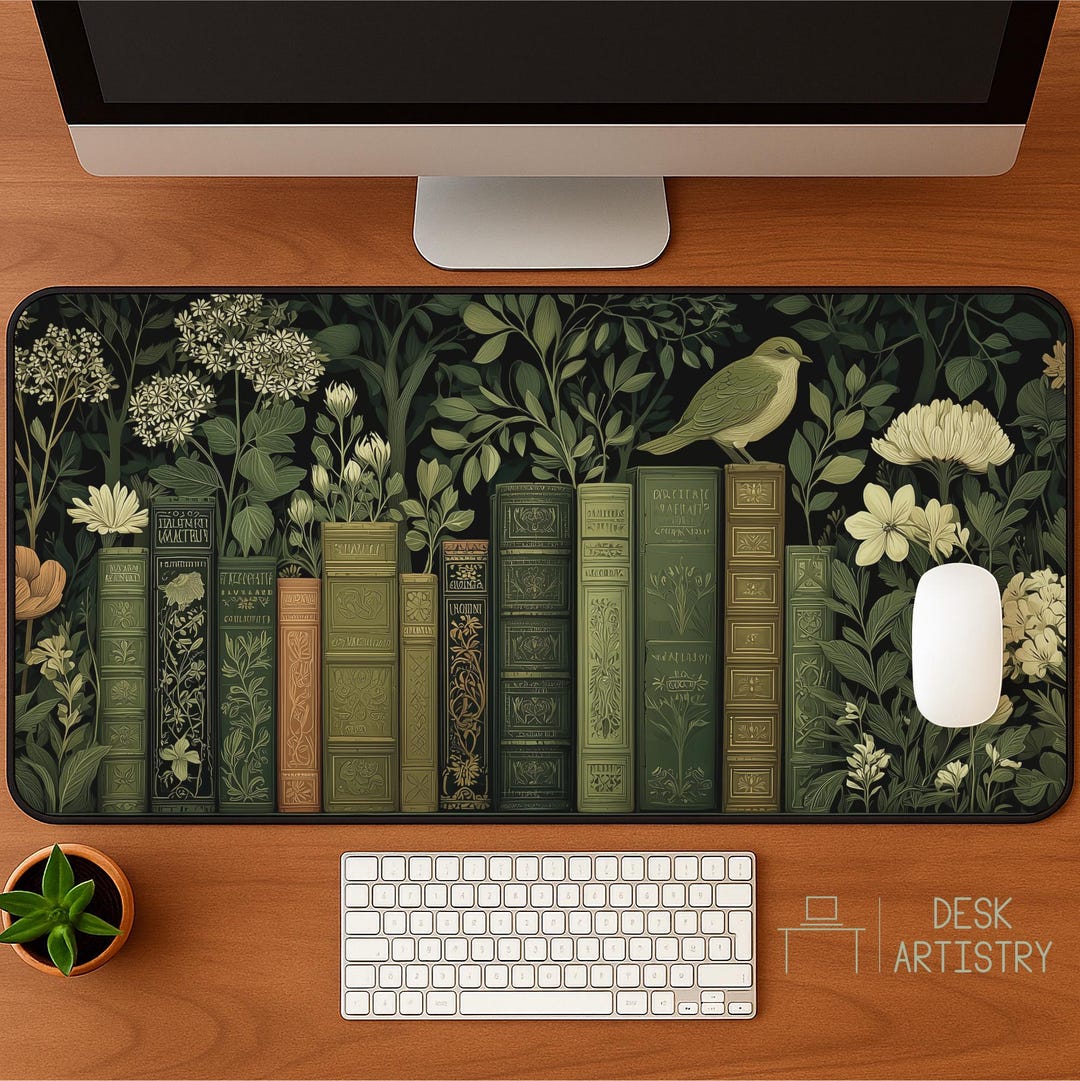 Botanical Books Desk Mat: Vintage Green Library Design, Nature Inspired ...