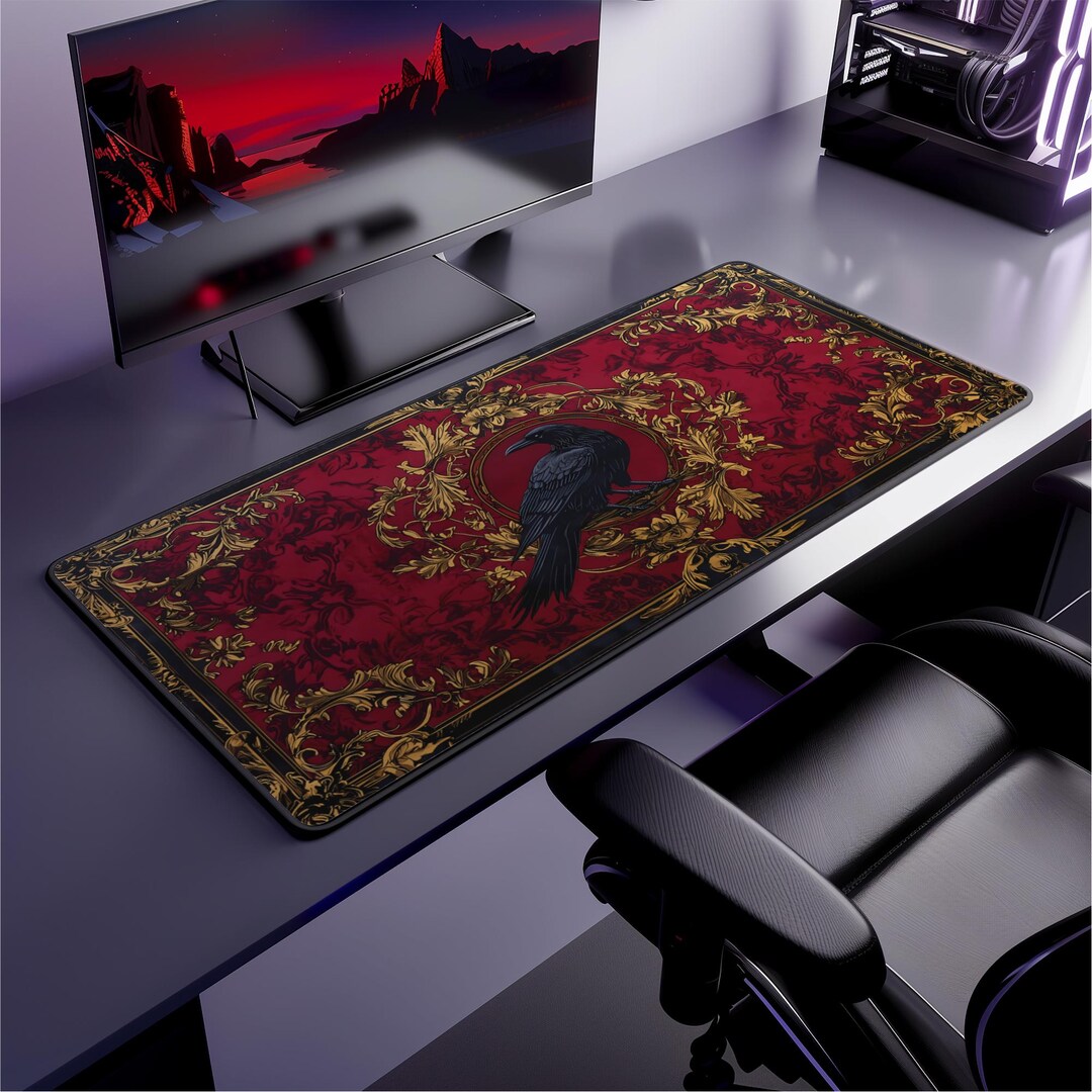 Gothic Raven Desk Mat | Victorian Dark Academia Mouse Pad, Ornate Red ...