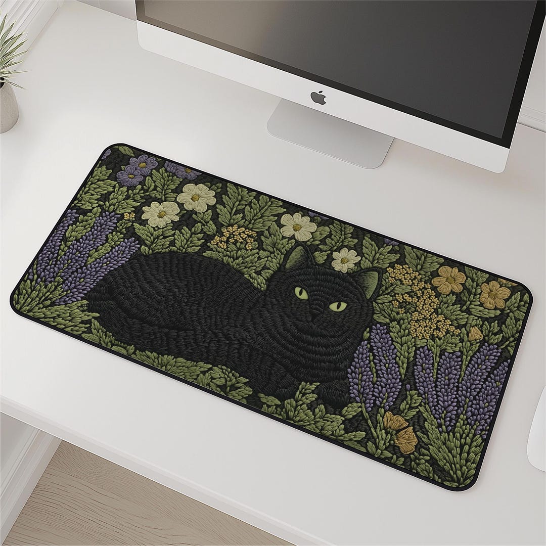 Black Cat Desk Mat | Faux Embroidered Floral Mousepad, Cozy Cottagecore ...