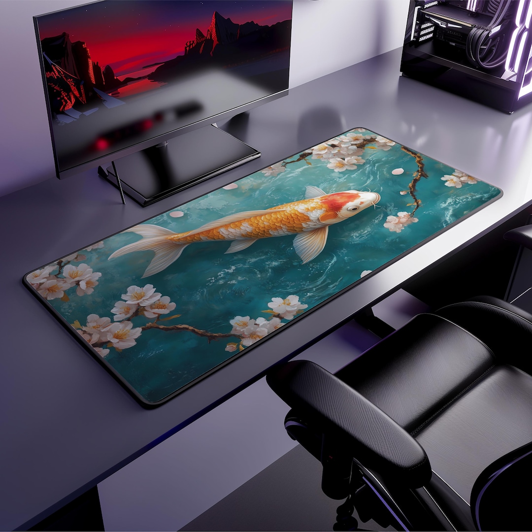 Golden Koi Desk Mat - Japanese Koi Fish Mousepad With Serene Cherry ...