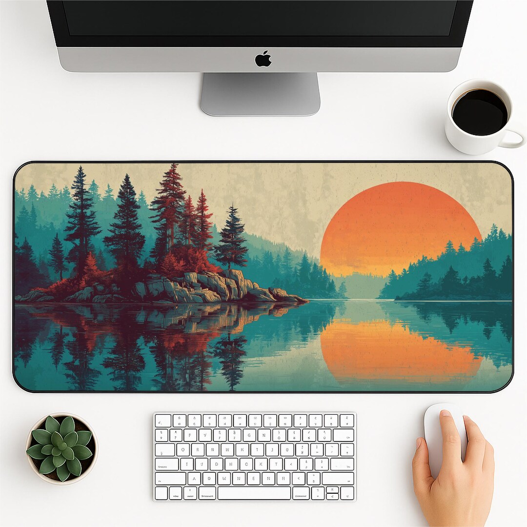 Retro Forest Desk Mat | Mountain Sunset Mousepad | Evergreen Nature ...