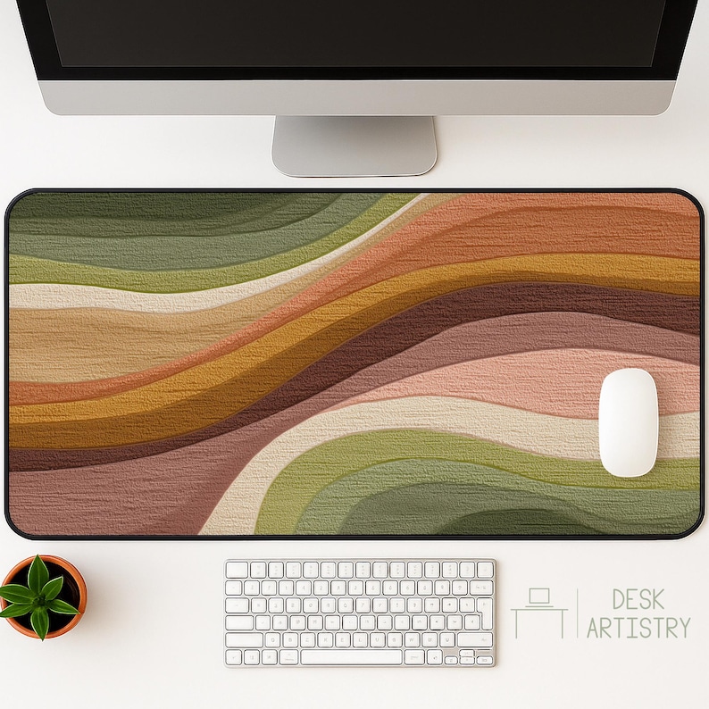 Retro Wavy Desk Mat: Earth Tone 70s Office Decor - Etsy