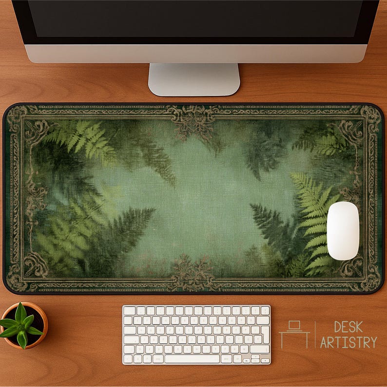 Vintage Botanical Fern Desk Mat in Deep Green: Large Nature Mouse Pad ...