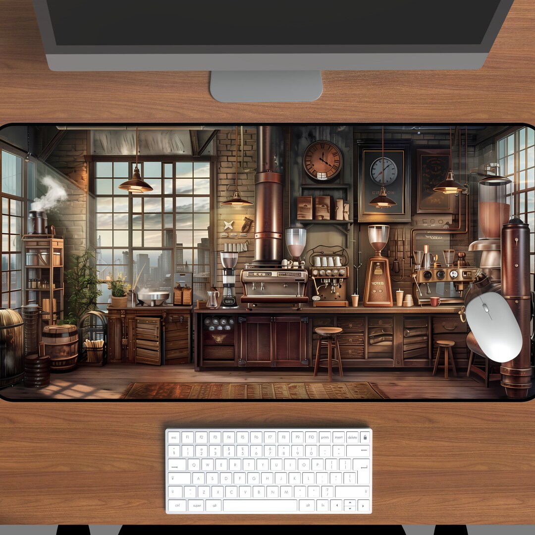 Vintage Coffee Shop Desk Mat Industrial Espresso Bar Mousepad, Lofi ...