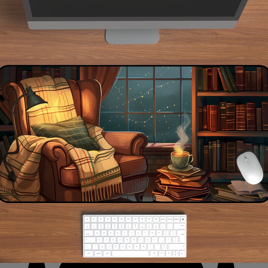 Cozy Reader's Retreat Desk Mat Warm Armchair and Bookshelf Design for ...
