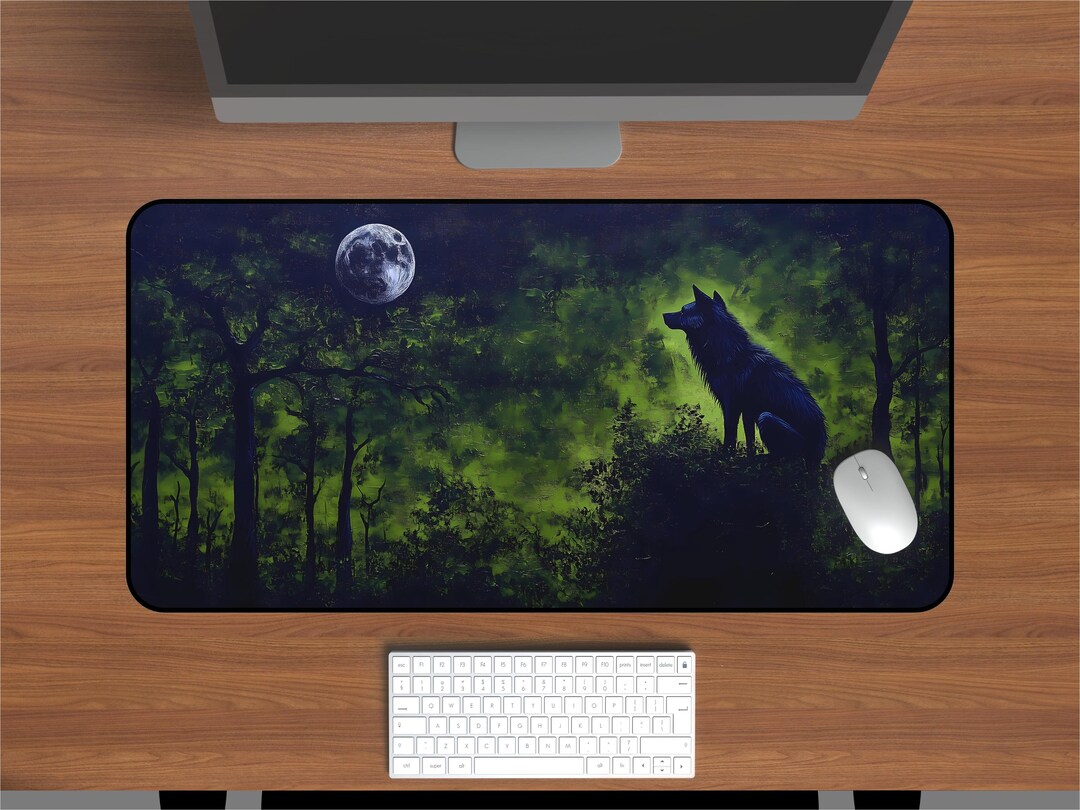 Midnight Wolf Desk Mat - Wolf and Moon Mousepad, Mystical Forest Desk ...