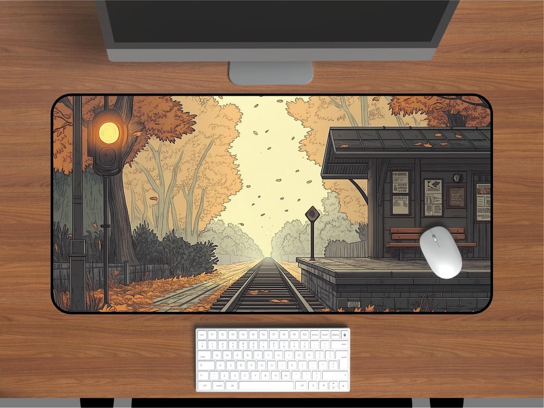 Vintage Train Desk Mat | Autumn Railway Mouse Pad, Lo-fi Anime Style ...