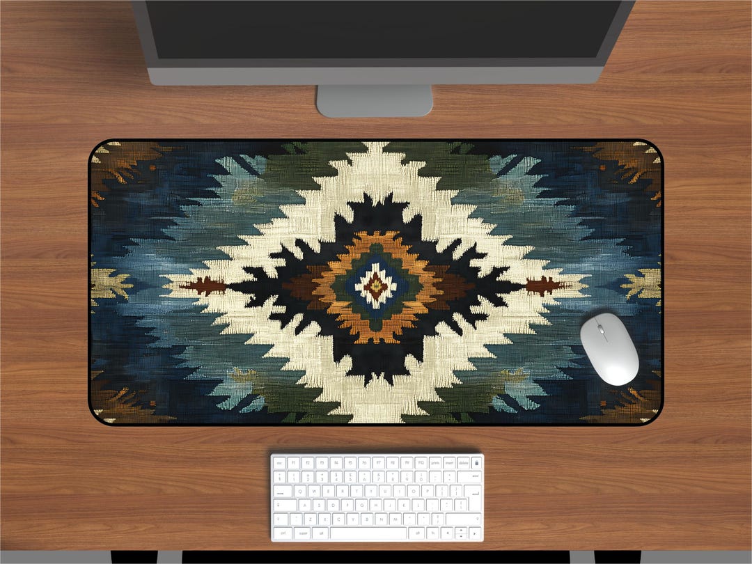Blue and Green Tribal Desk Mat - Rustic Southwest Pattern, Bohemian ...