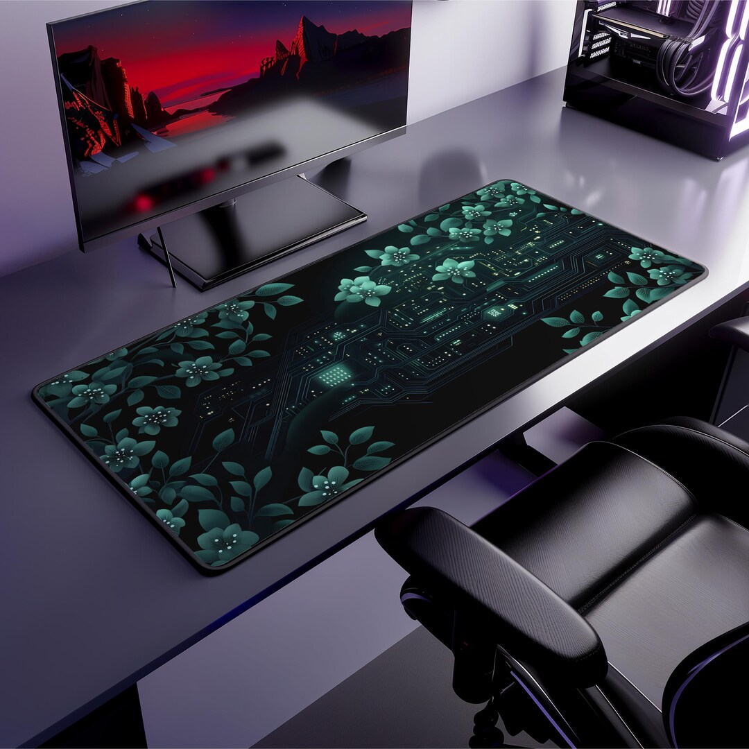 Cyberpunk Garden Desk Mat – Futuristic Floral Circuit Mousepad | Sci-fi ...