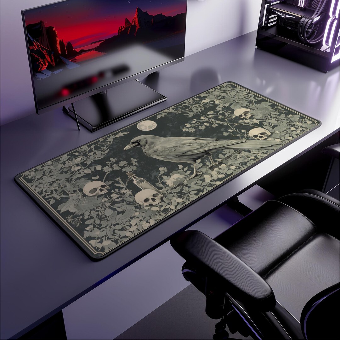 Witchy Raven Desk Mat | Dark Occult Mouse Pad, Gothic Skull Office Pad ...