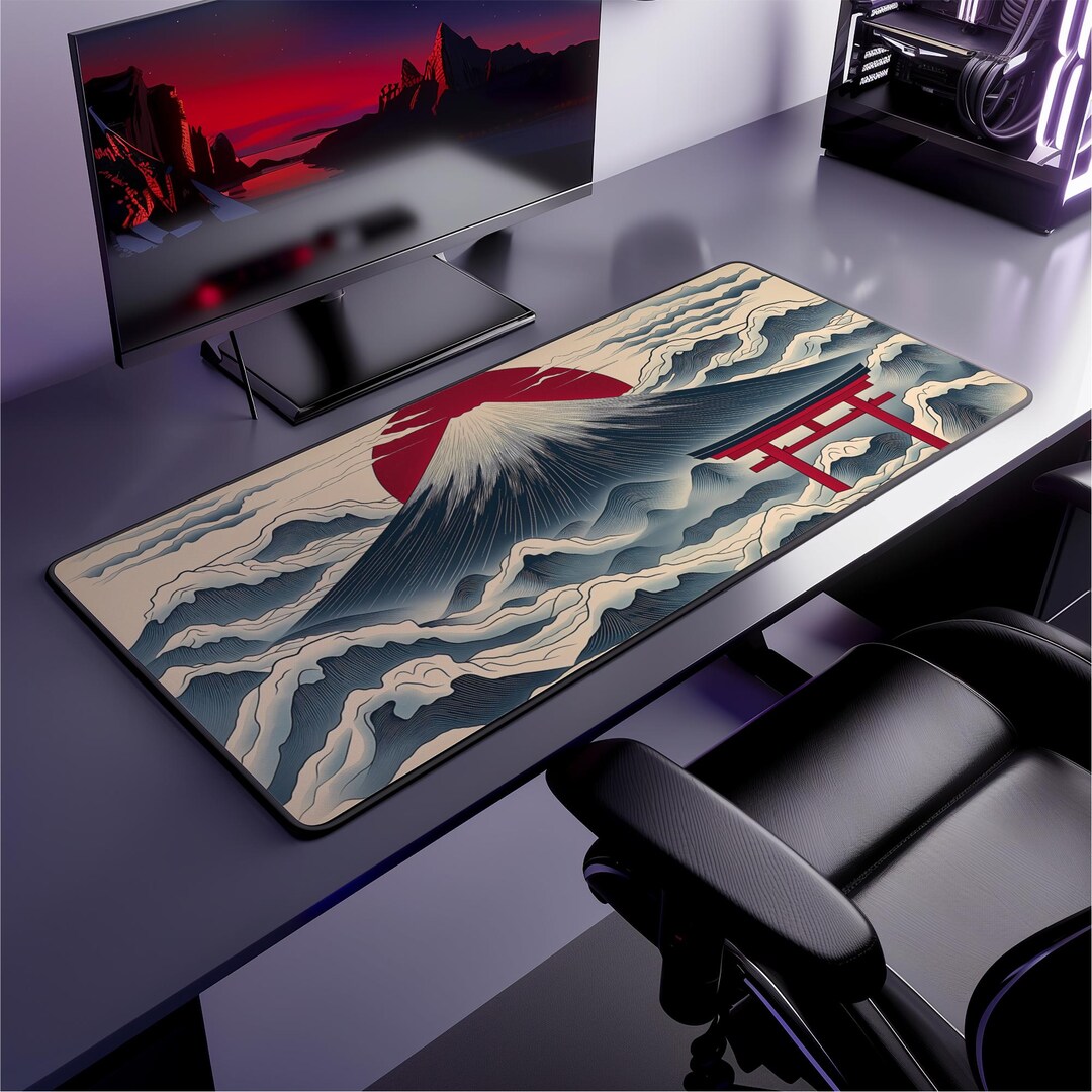 Mount Fuji Desk Mat | Japanese Art Mousepad, Red Sun Landscape Desk Pad ...