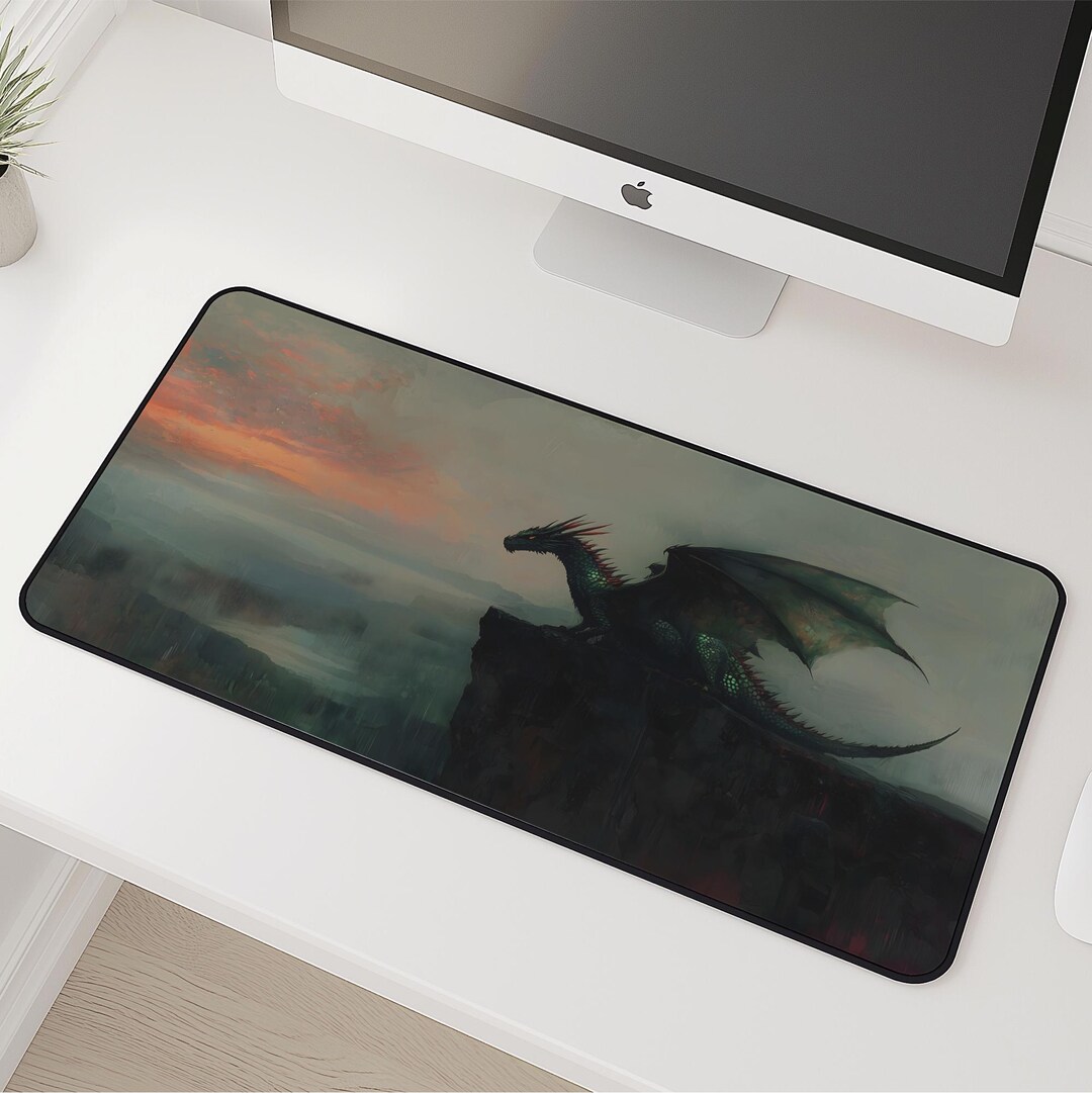 Moody Dragon Desk Mat | Dark Fantasy Dragon on a Cliff, Epic Mythical ...