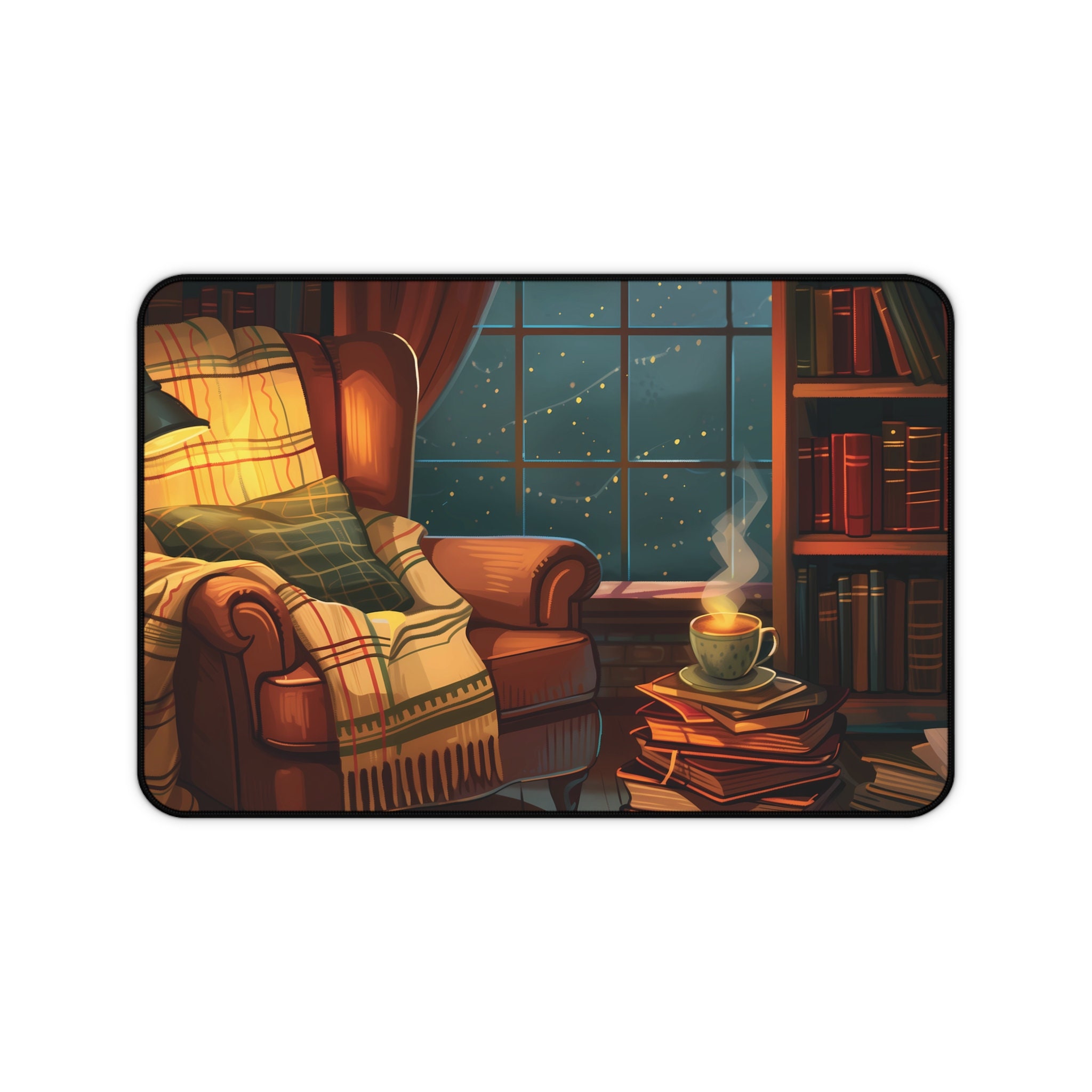 Cozy Reader's Retreat Desk Mat Warm Armchair and Bookshelf Design for ...