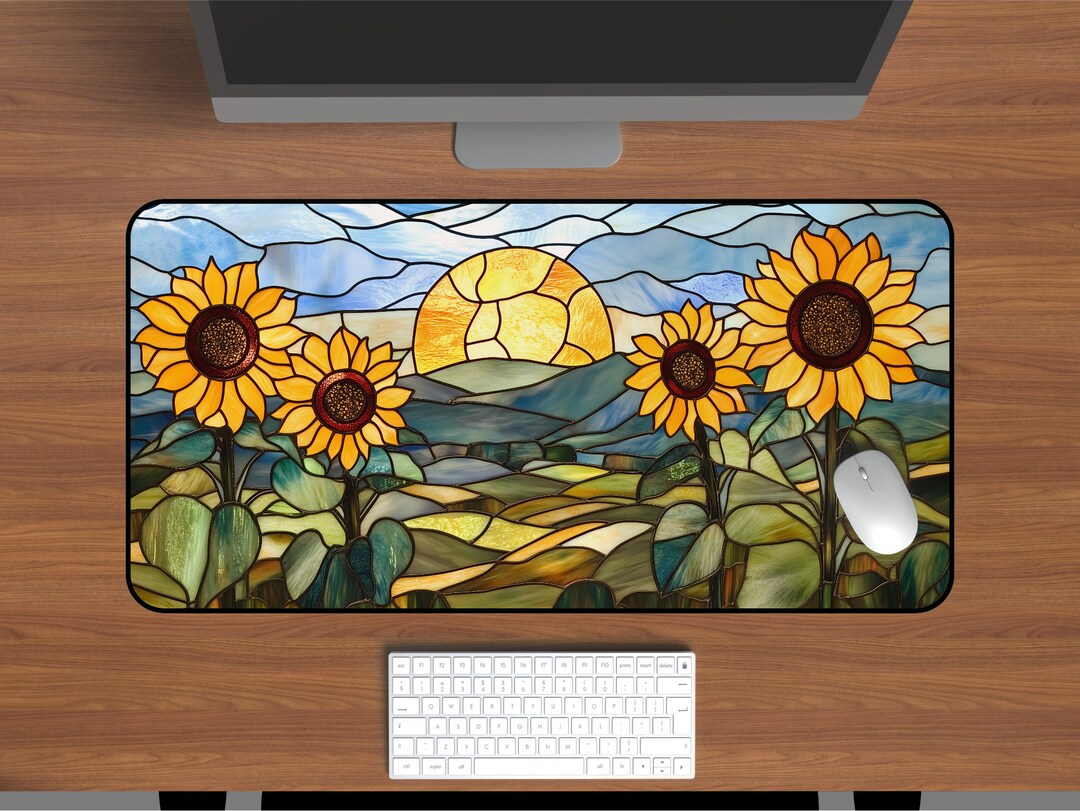 Sunflower Sunrise Desk Mat - Faux Stained Glass Mousepad, Pastel ...