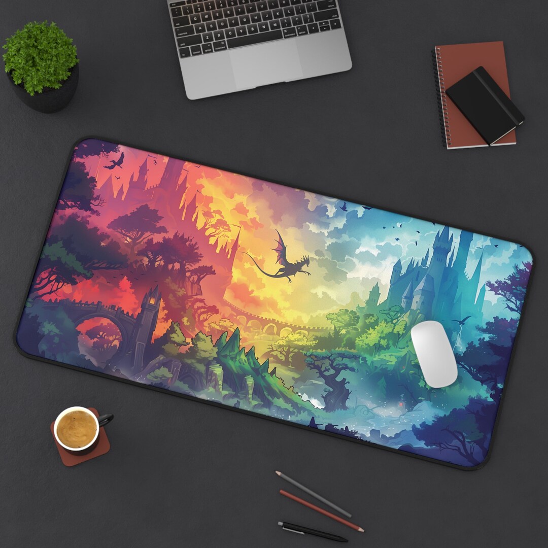 Enchanted Realm Desk Mat Mystical Castle and Dragon Mousepad, Fantasy ...