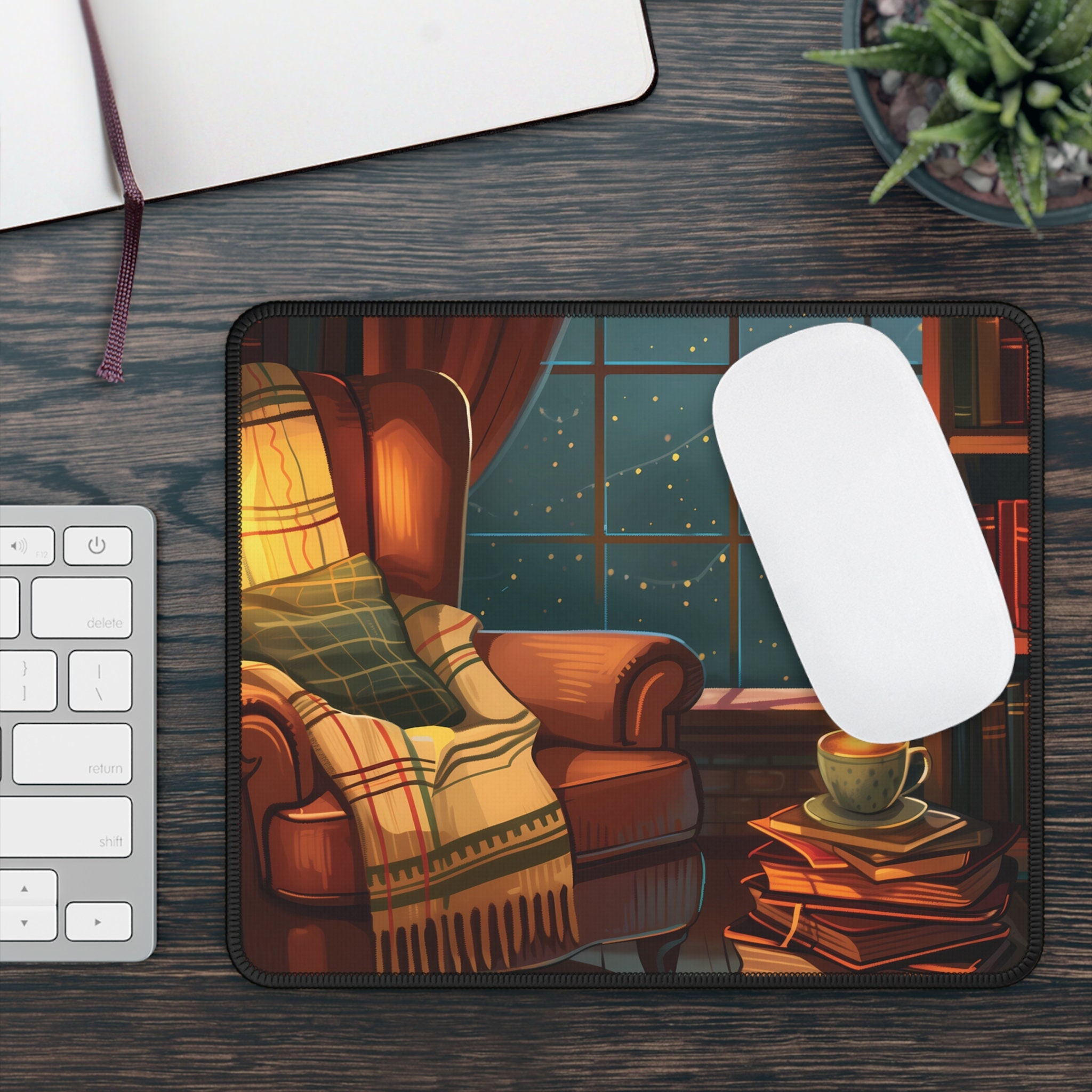 Cozy Reader's Retreat Desk Mat Warm Armchair and Bookshelf Design for ...