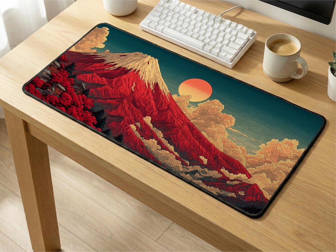 Red Fuji Sunset Desk Mat: Japanese Ukiyo-e Mouse Pad, Crimson Mt Fuji ...