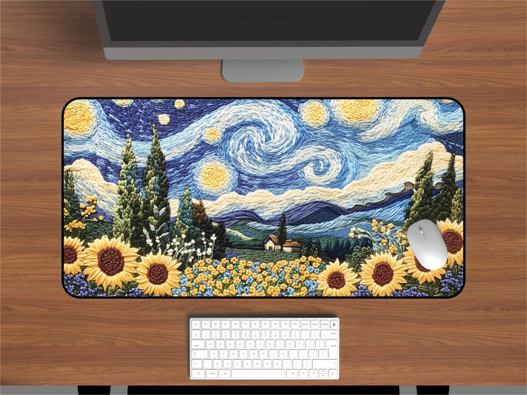 Starry Night Desk Mat, Faux Embroidered Van Gogh Mouse Pad, Large ...