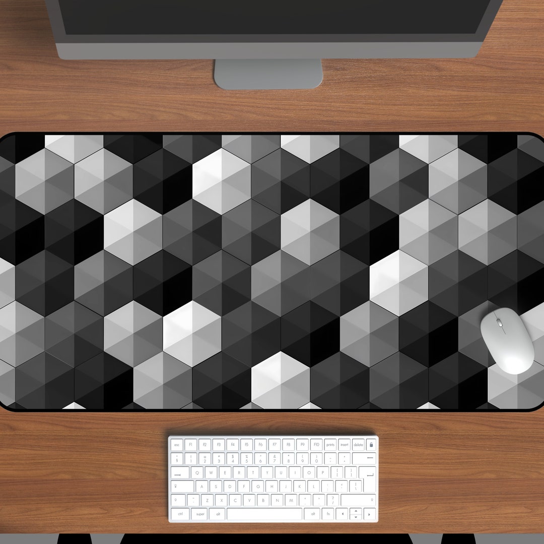 Geometric Desk Mat Modern Monochrome Hexagon Mousepad, Black and White ...