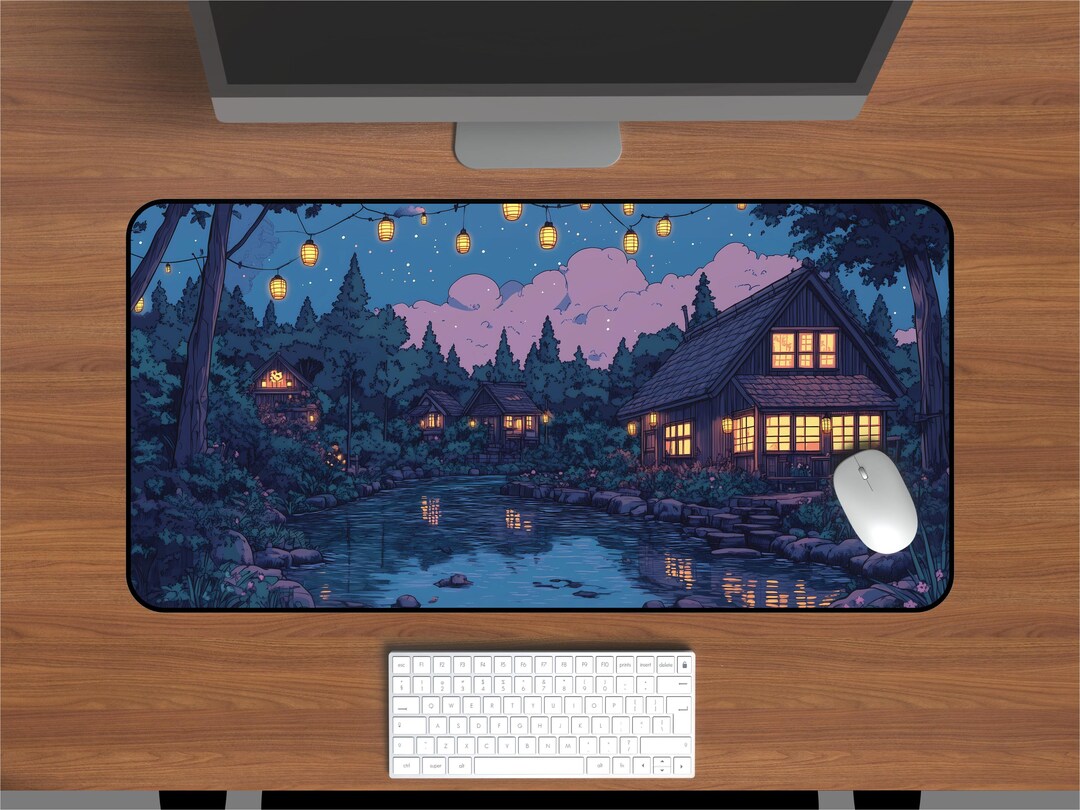 Lo-fi Cottage Desk Mat - Whimsical Cabins by the Stream Mousepad With ...