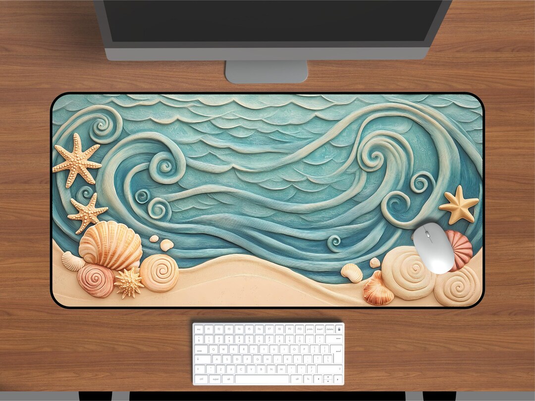 Beach Desk Mat - Coastal Ocean Waves & Seashells Mousepad for Relaxing ...