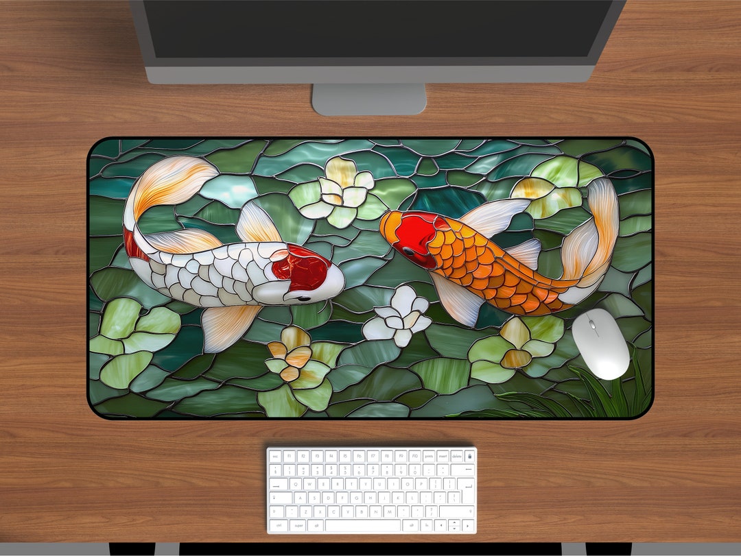 Koi Pond Desk Mat - Faux Stained Glass Mousepad, Cute Office Decor ...