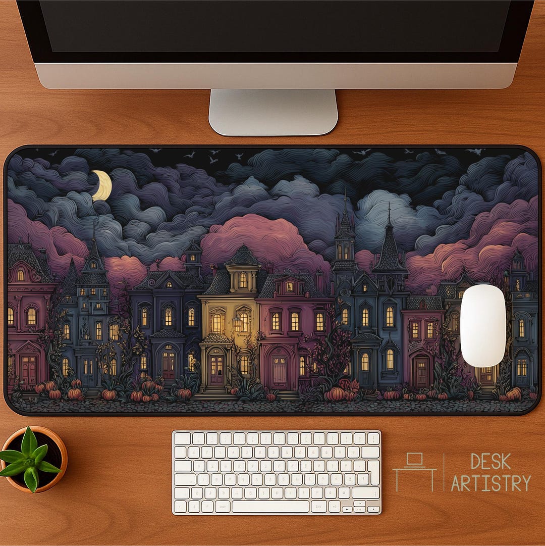 Haunted Houses Desk Mat | Spooky Halloween Mousepad With Gothic Homes ...