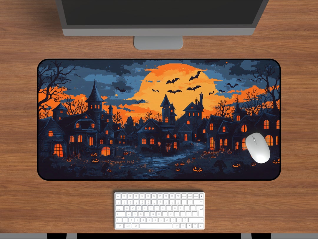 Gothic Halloween Desk Mat Spooky Houses, Bats, and Jack-olanterns XL ...