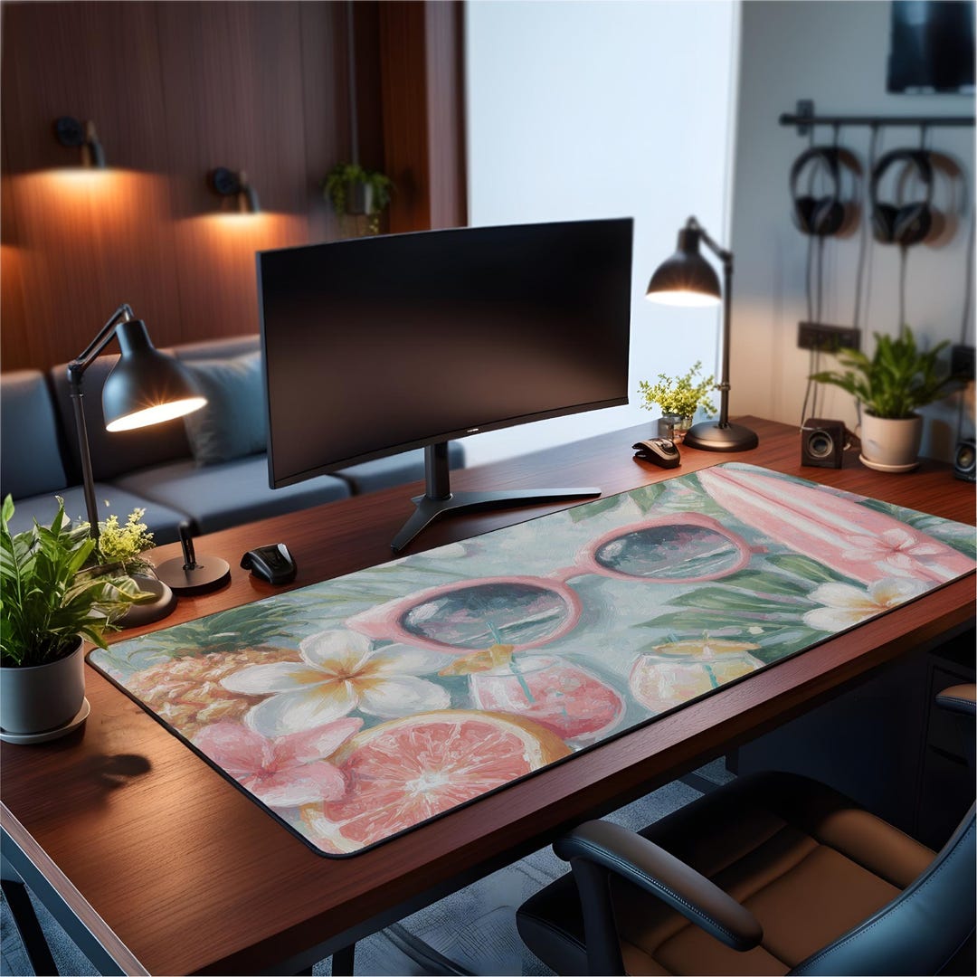 Tropical Summer Desk Mat With Pink Sunglasses Surfboard and Floral ...