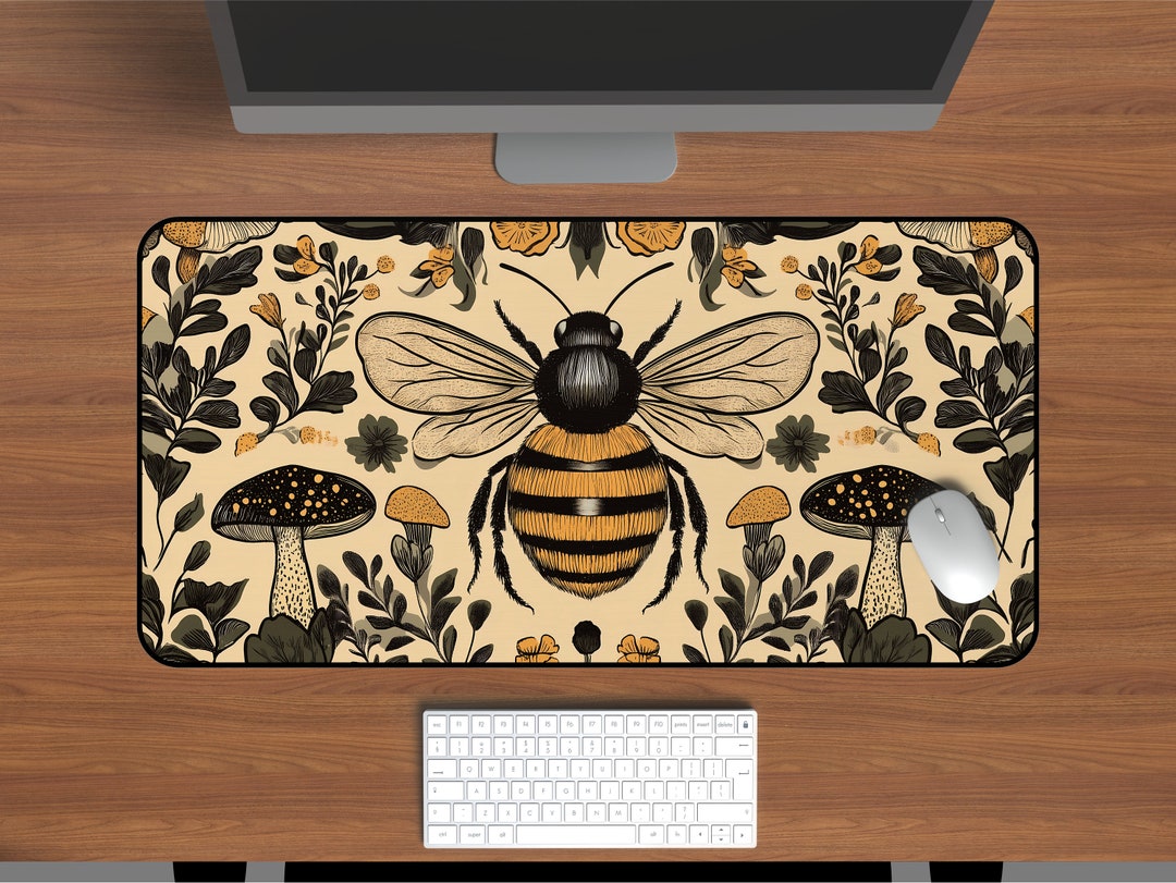 Bumblebee Desk Mat - Cottagecore XL Mousepad, Cute Floral Insect Desk ...