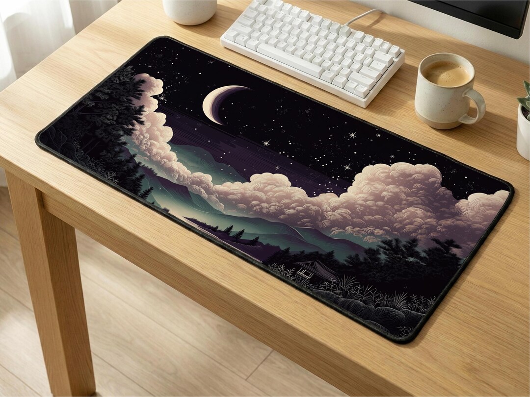 Crescent Moon Desk Mat: Woodcut Night Sky Mouse Pad, Celestial Decor ...
