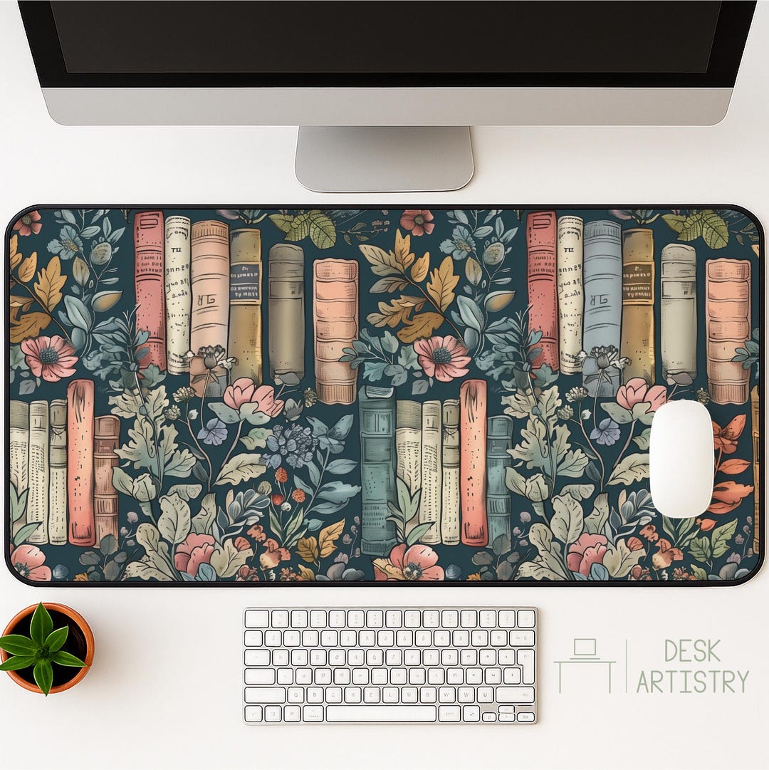 Floral Books Desk Mat - Book Lover Mousepad, Cute & Trendy Workspace ...