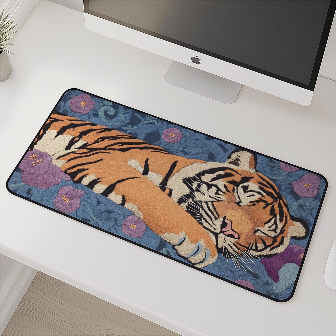 Sleeping Tiger Desk Mat | Faux Embroidery Mousepad, Floral Jungle Desk ...