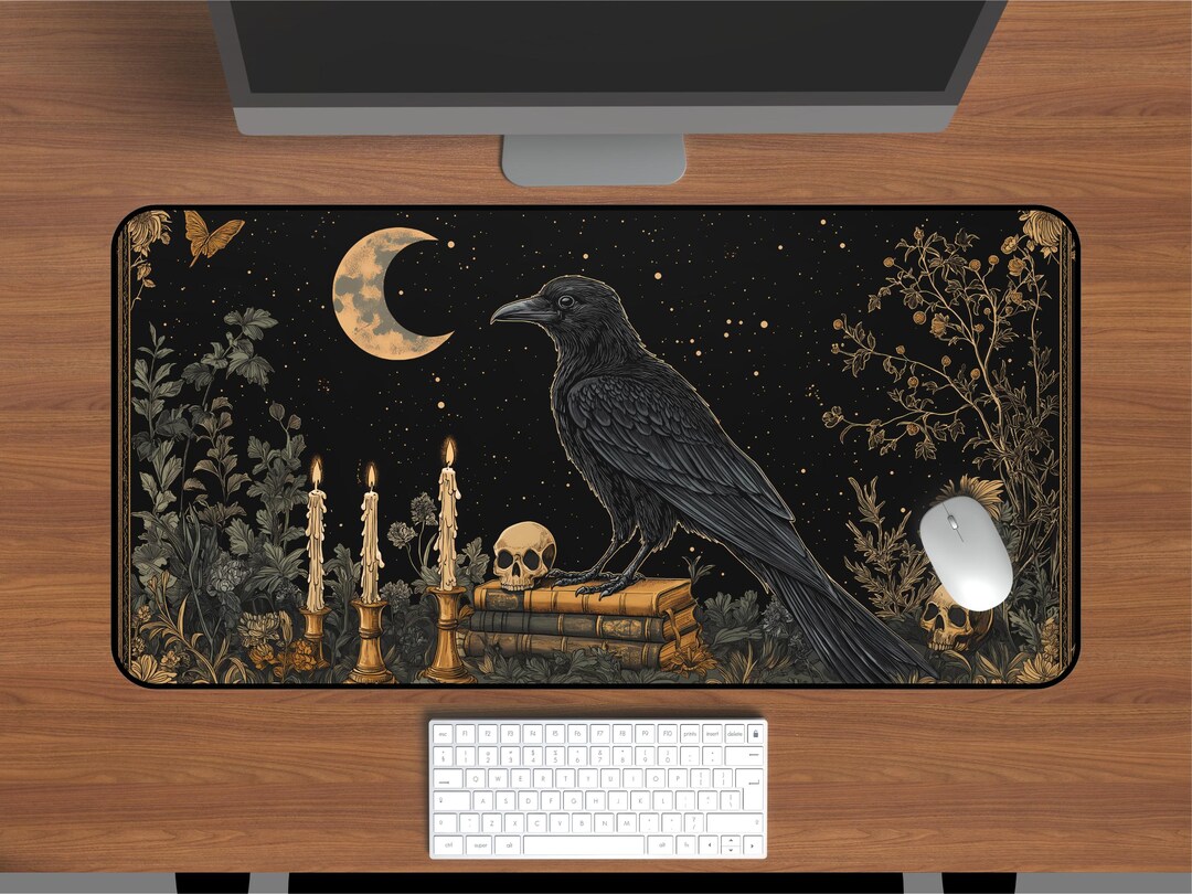 Gothic Raven Desk Mat | Dark Aesthetic Skull and Candles, Literary ...