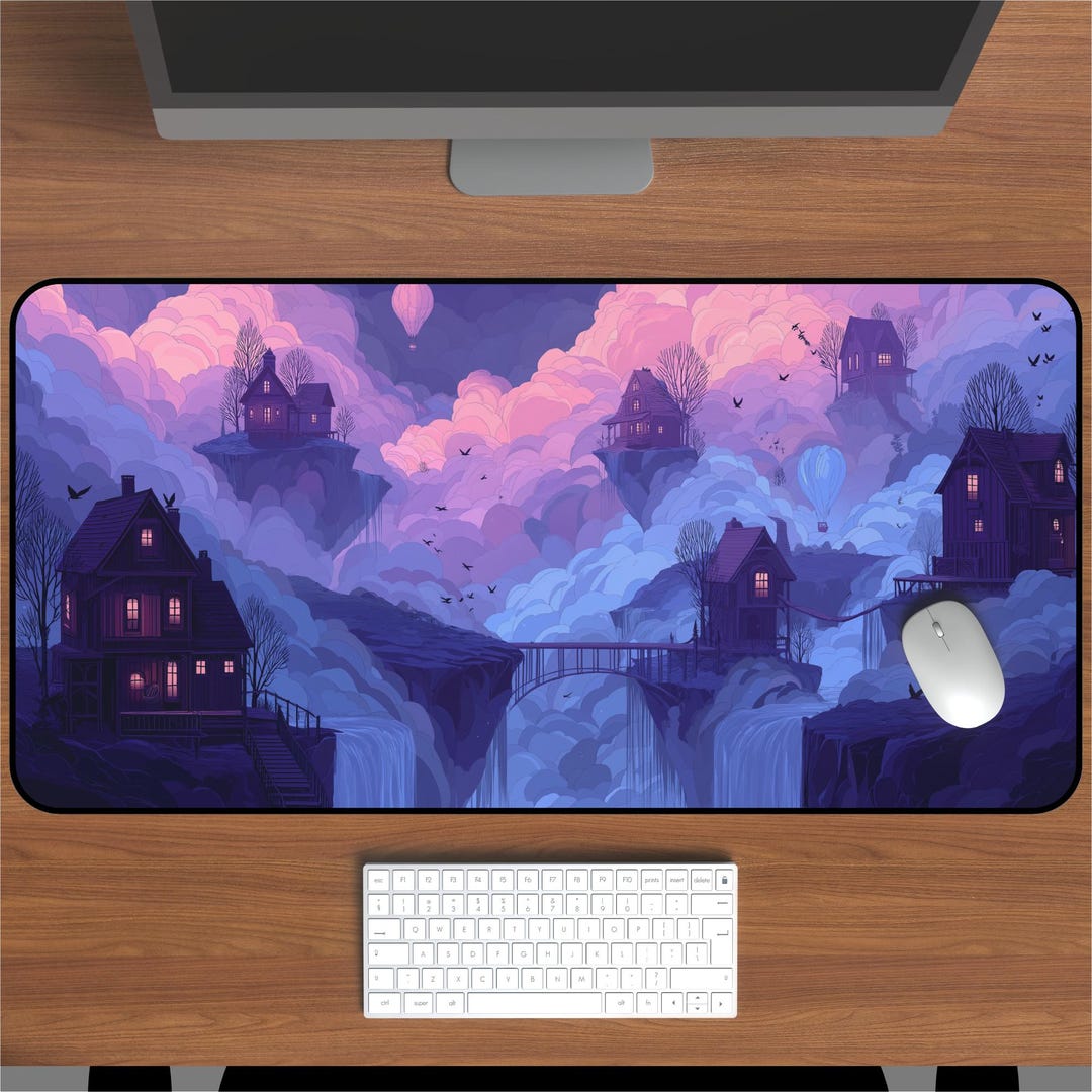 Floating Island Desk Mat | Fantasy Sky Village Mousepad, Dreamy Cottagecore Cloudscape Pad ...